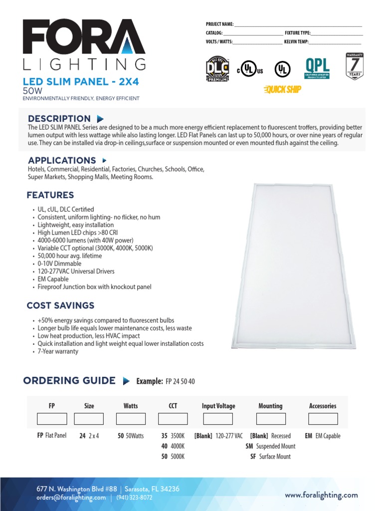 FORA LED Panel 2x4 Spec Sheet | PDF | Fluorescent Lamp | Lighting