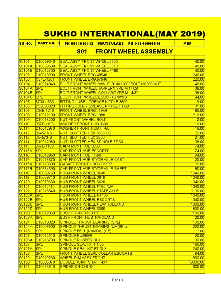 Sukho SPD List May 2019 | PDF | Axle | Brake