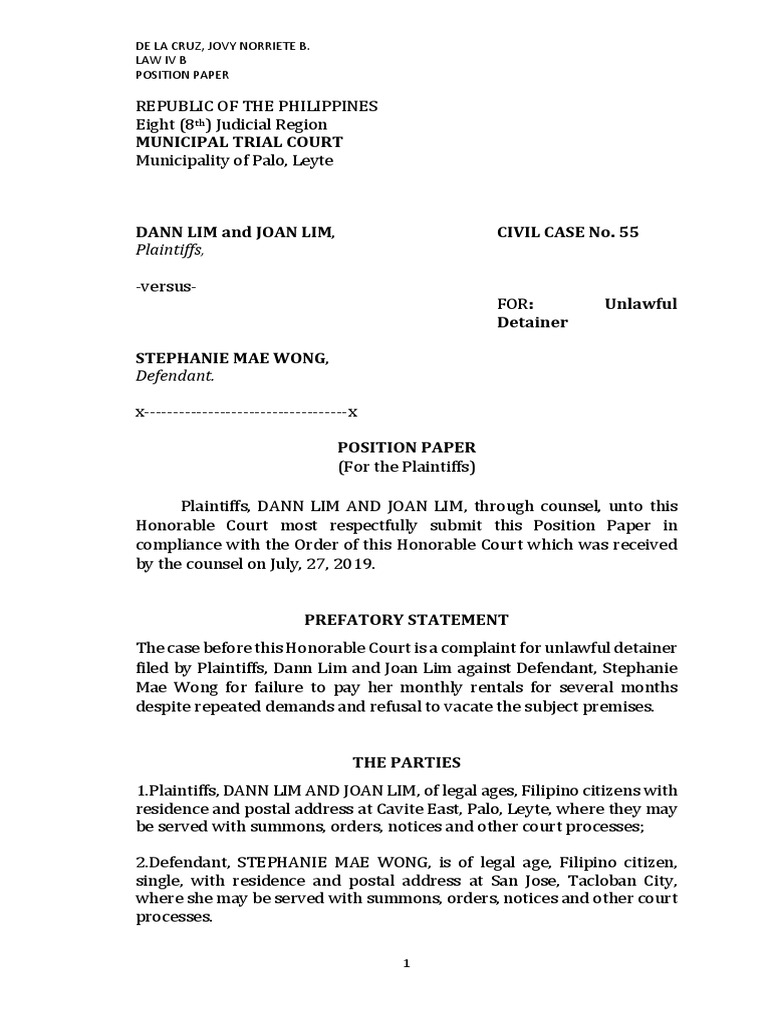 Position Paper Unlawful Detainer | PDF | Lease | Government Information