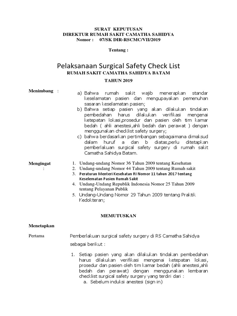 SK Surgical Safety Checklist | PDF | Sains & Matematika