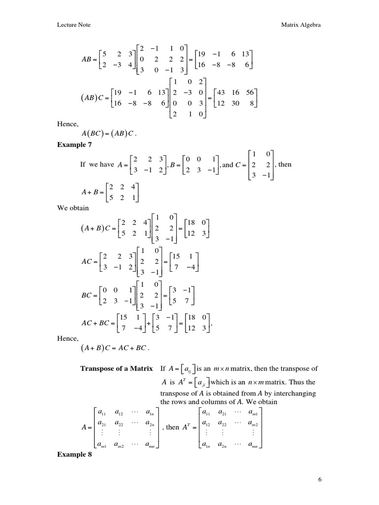 Matrix Algebra Lecture Notes | PDF | Matrix (Mathematics ...