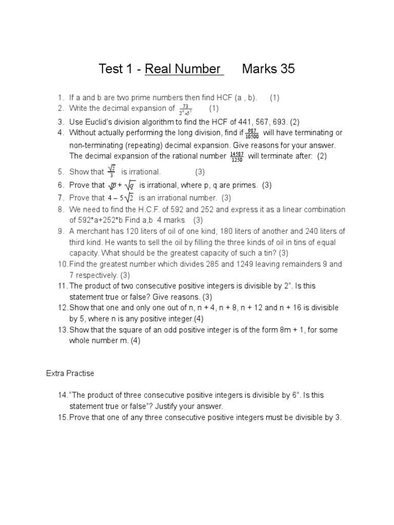 Real Numbers Test - Practice Questions | PDF | Teaching Methods & Materials