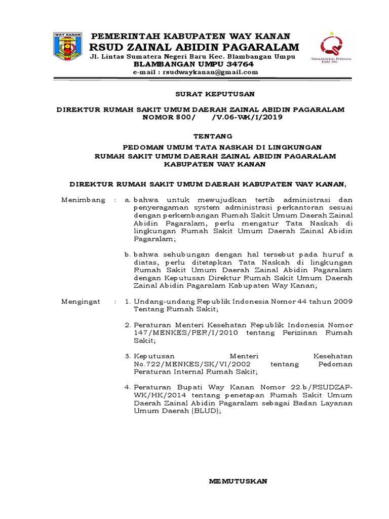 Pedoman Tata Naskah RSUD Way Kanan | PDF