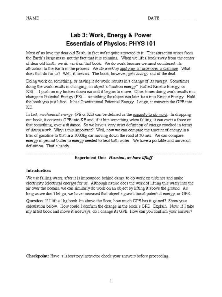 Lab 3: Work, Energy & Power Essentials of Physics: PHYS 101: Experiment ...