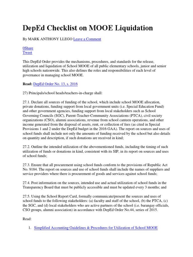 DepEd Checklist On MOOE Liquidation | Receipt | Business