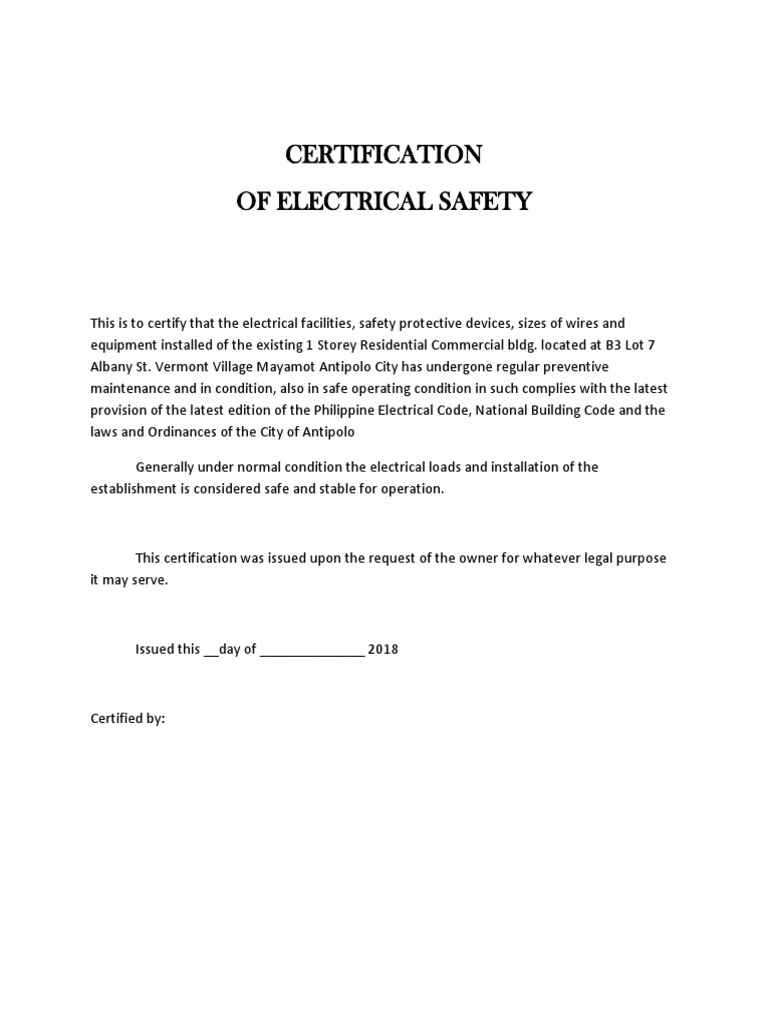 Certification of Electrical Safety | PDF