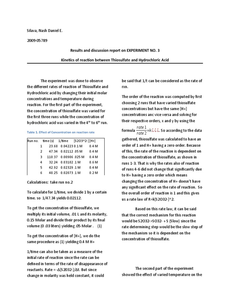 Results and Discussion Report On EXPERIMENT NO. 3 Kinetics of Reaction ...