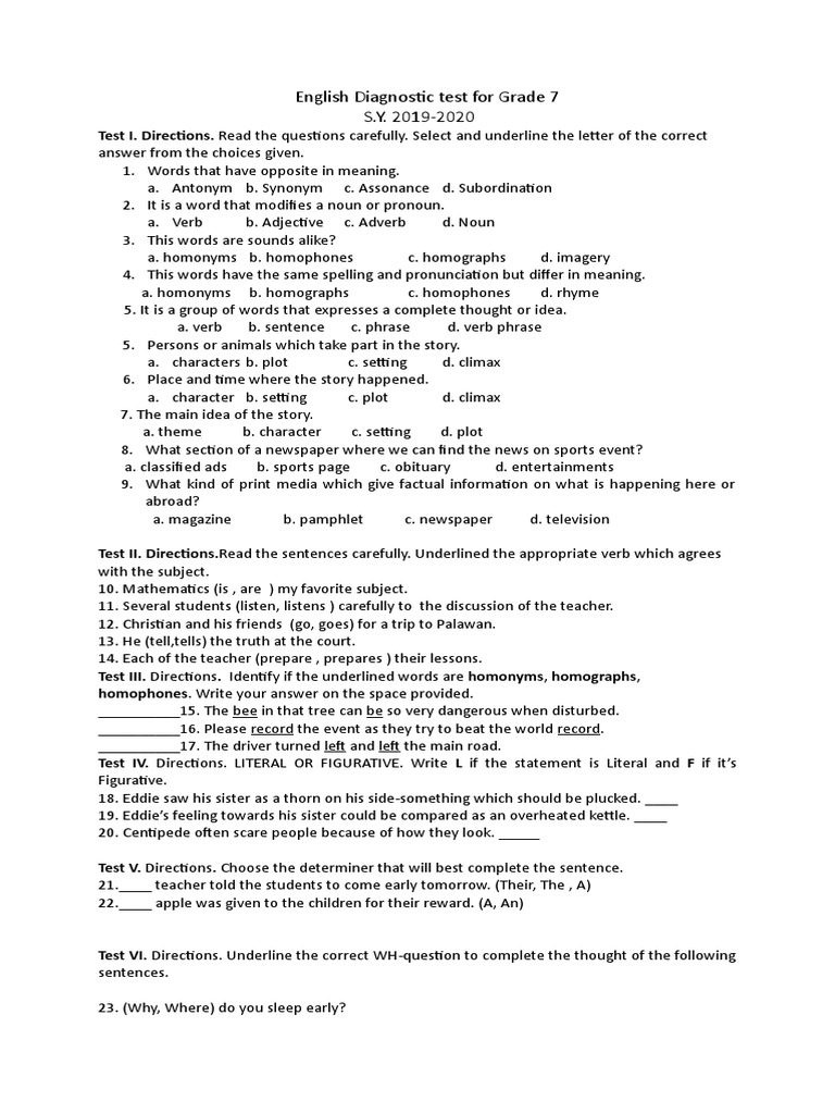 English Diagnostic Test For Grade 7 | PDF | English Language | Verb