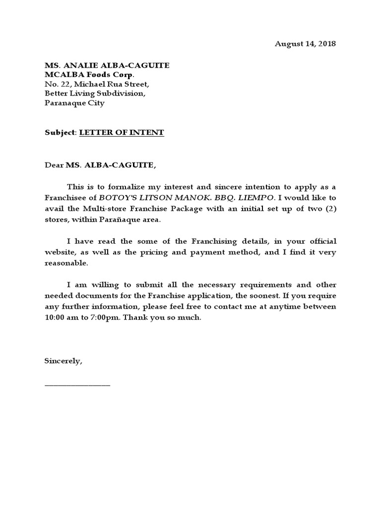 Letter of Intent - Franchise | PDF