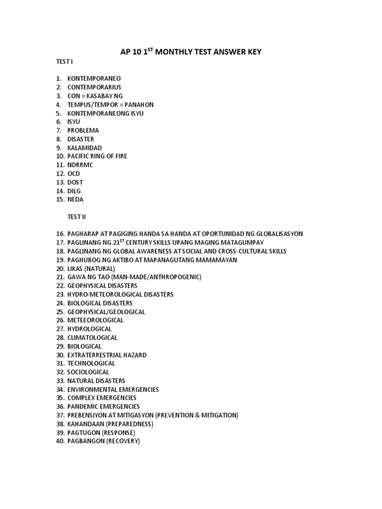AP 10 1st Monthly Test Answer Key | PDF