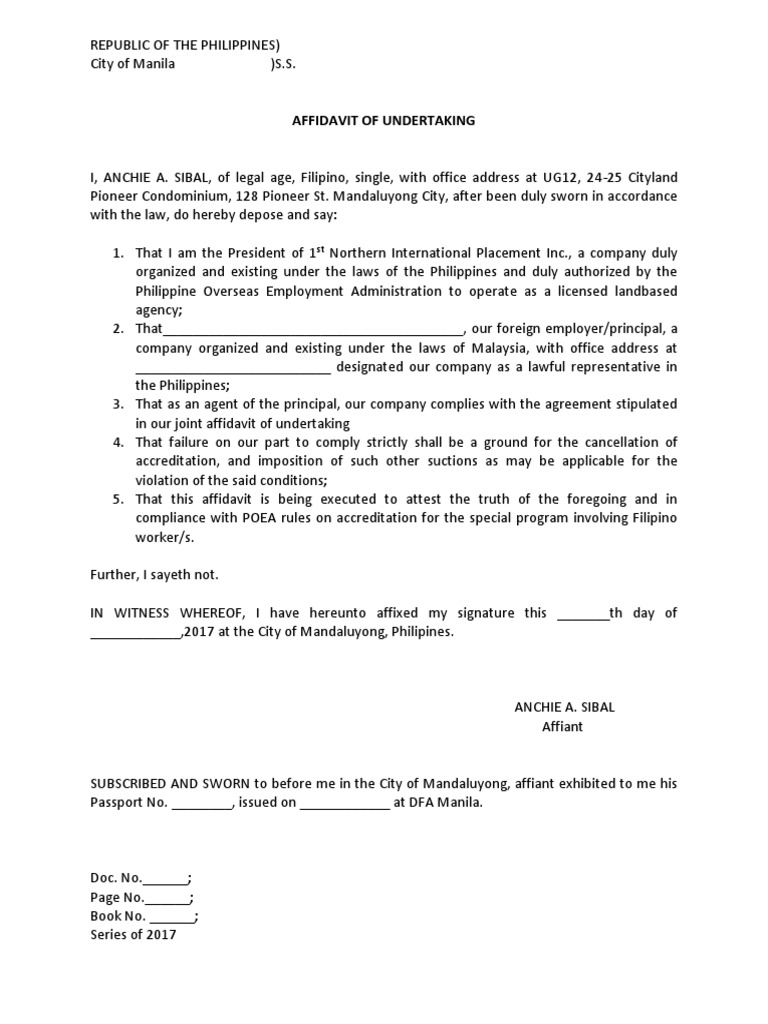 Affidavit of Undertaking - Sample | PDF