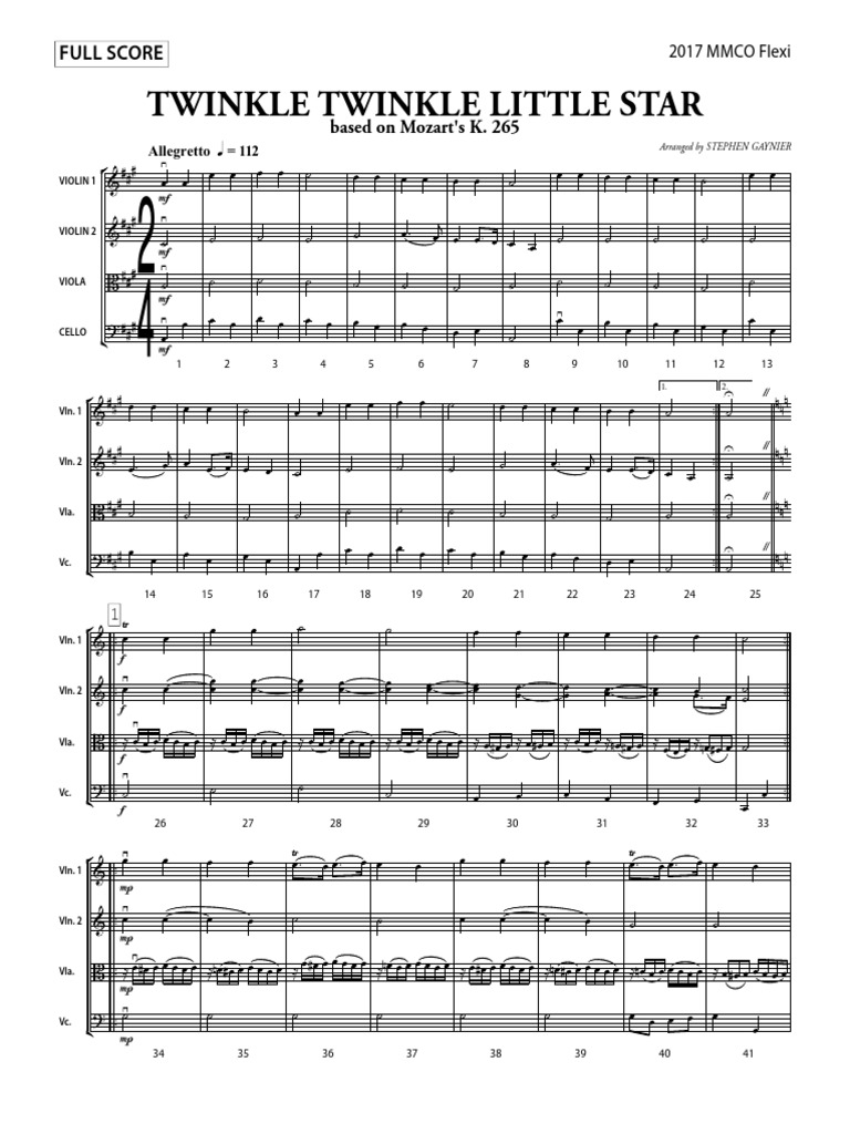 Twinkle Twinkle Little Star String Quartet FULL SCORE PDF | Download ...