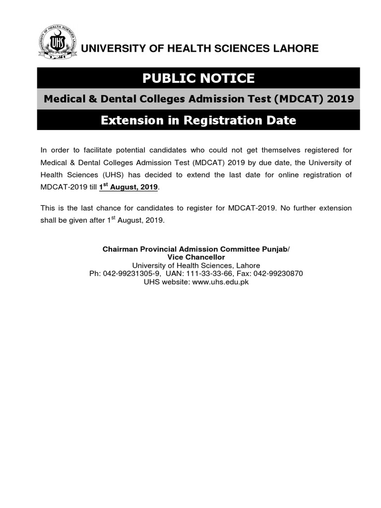 MDCAT 2019 Registration Deadline Extended | PDF | Science & Mathematics