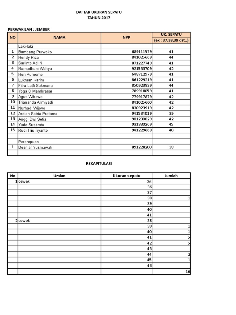 Data Ukuran Sepatu Jember 2017 | PDF