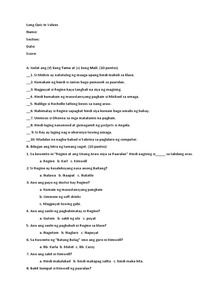 Long Quiz in Values