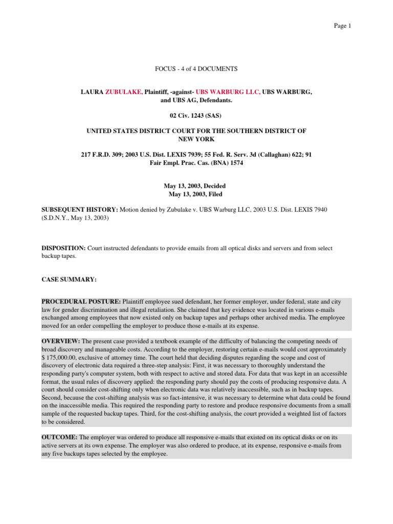 Zubulake v. UBS Warburg LLC | PDF | Discovery (Law) | Backup