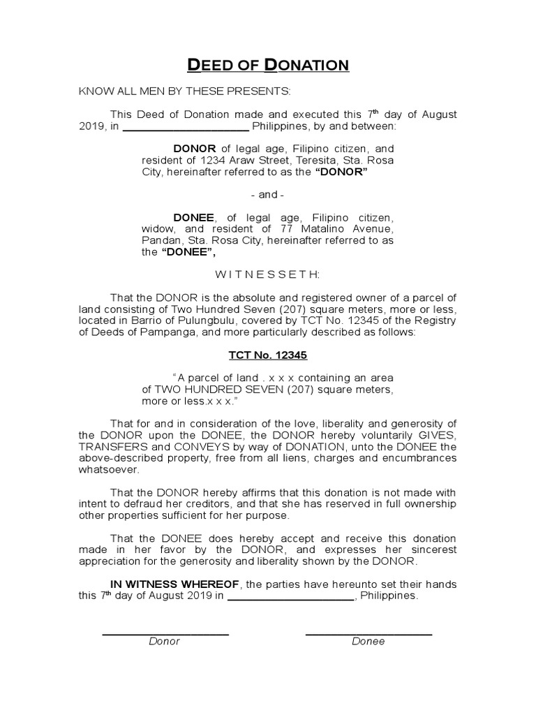 Deed of Donation - Sample | PDF | Law And Economics | Government