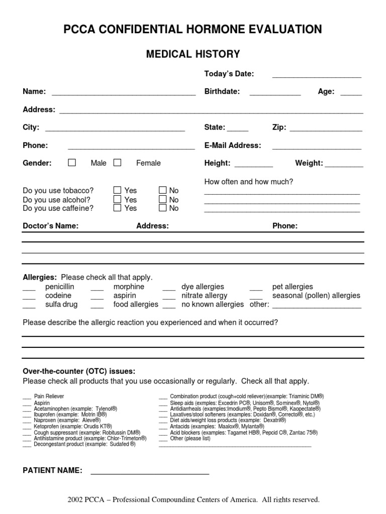 Pcca Confidential Hormone Evaluation: Medical History | PDF ...