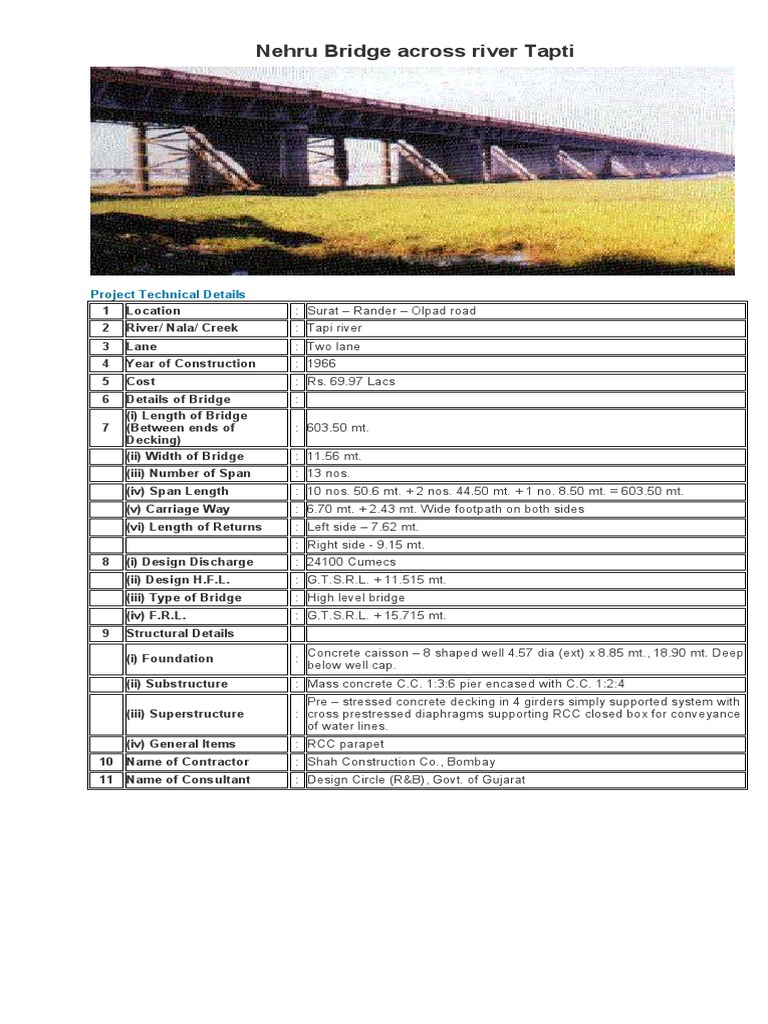 Nehru Bridge Across River Tapti: Project Technical Details | PDF ...