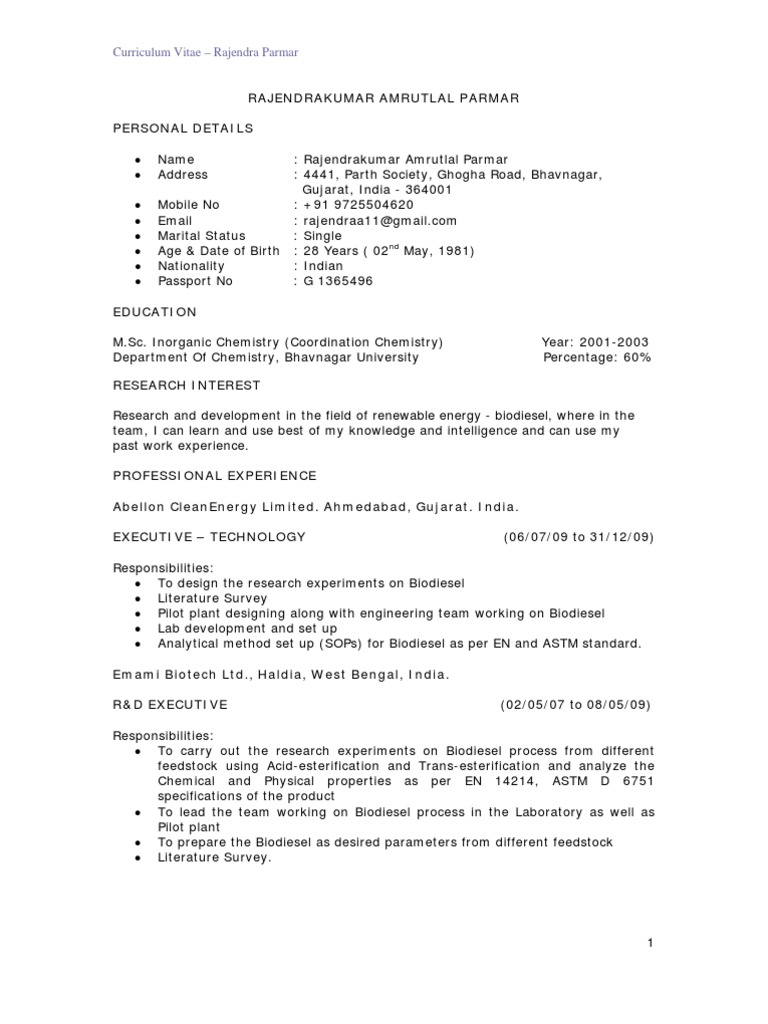 Curriculum Vitae - Rajendra Parmar | PDF | Biodiesel | Physical Sciences