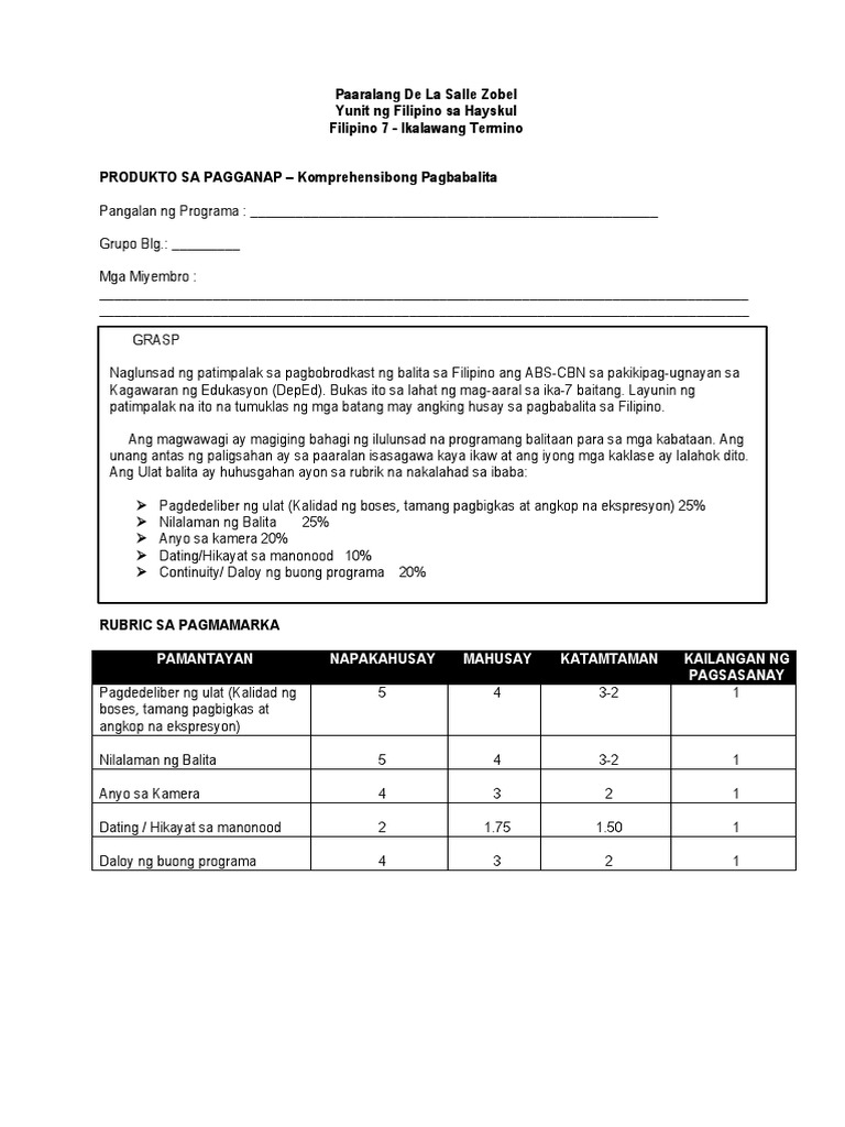 Rubric Sa Pagsulat NG Balita | PDF