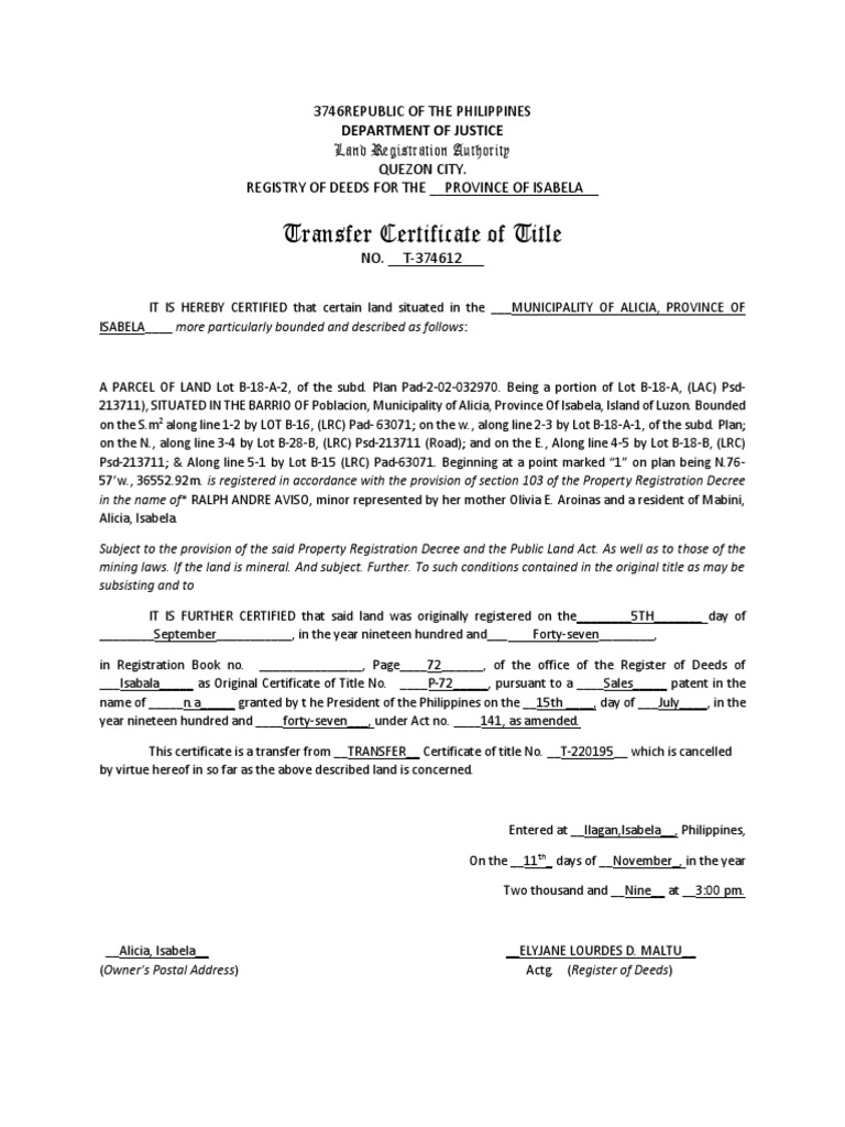 Transfer Certificate of Title | PDF | Land Lot | Land Law