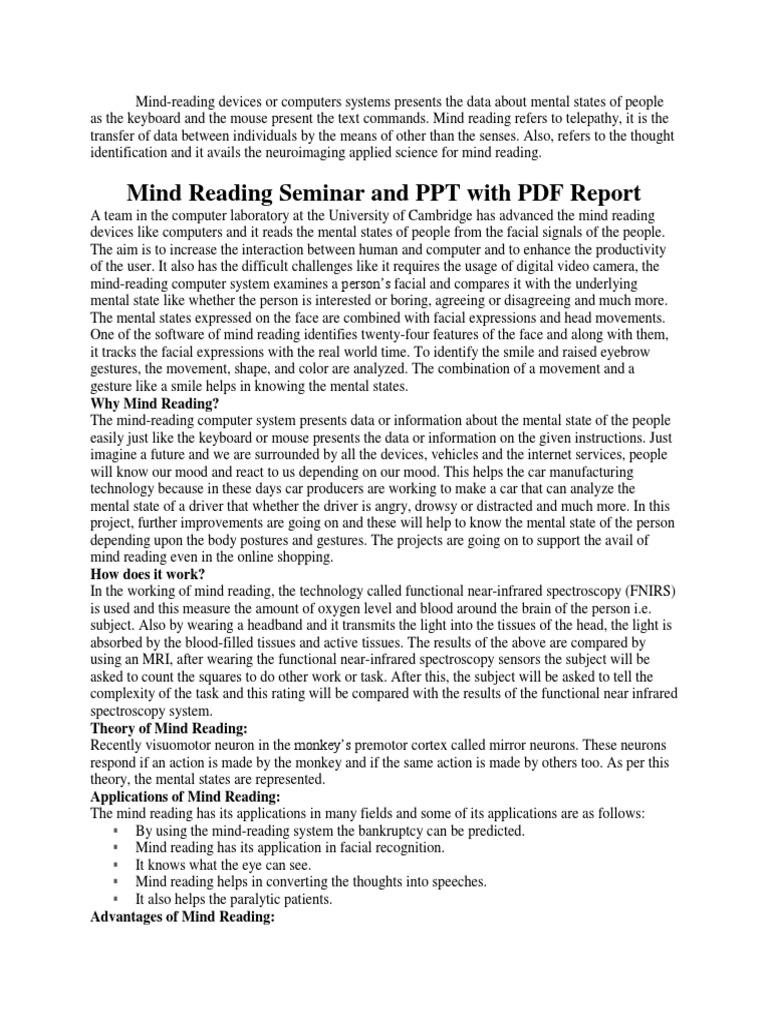 Mind Reading Seminar And Ppt With Pdf Report Pdf Telepathy Mind