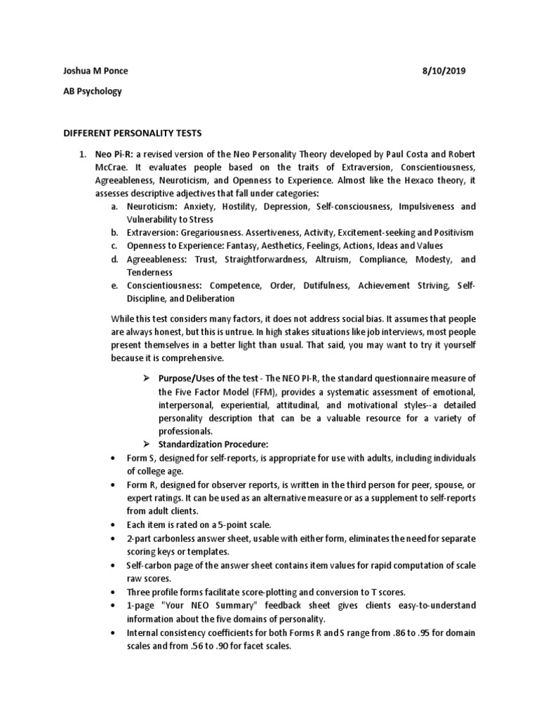 Diff Personality Tests | PDF | Psychology | Behavioural Sciences