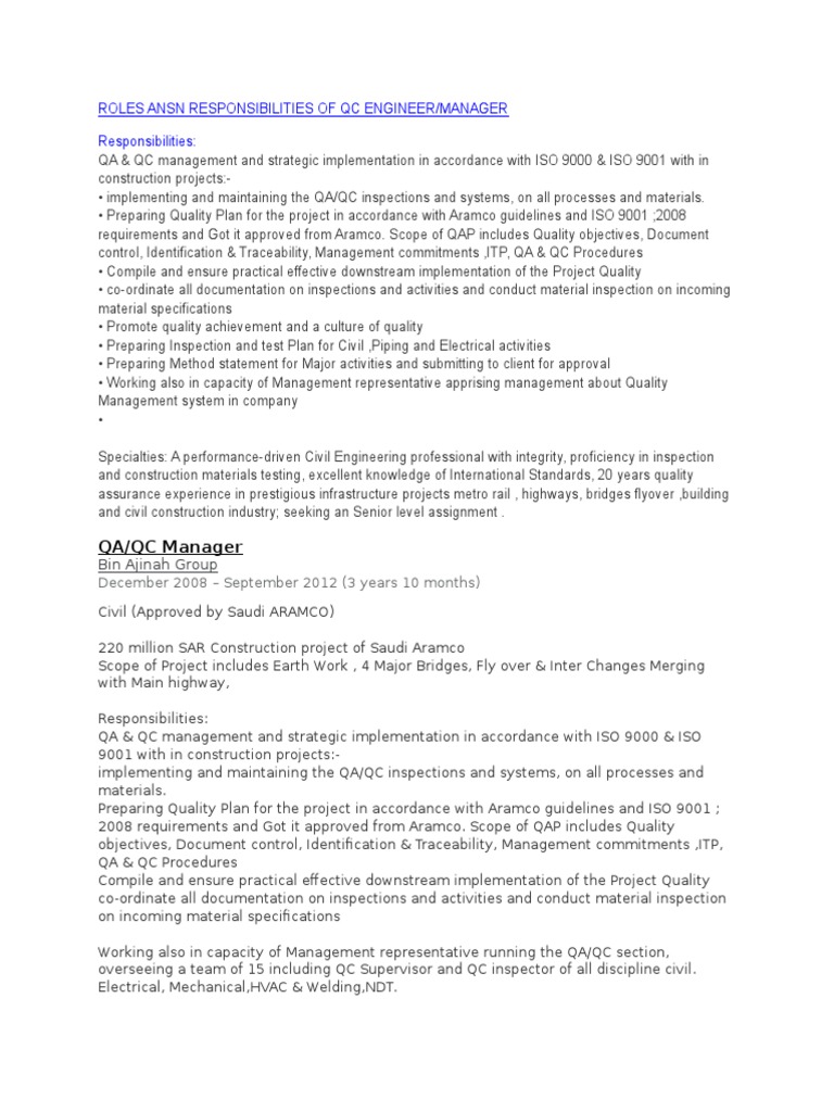 Roles Ansn Responsibilities of QC Engineer/Manager Responsibilities ...