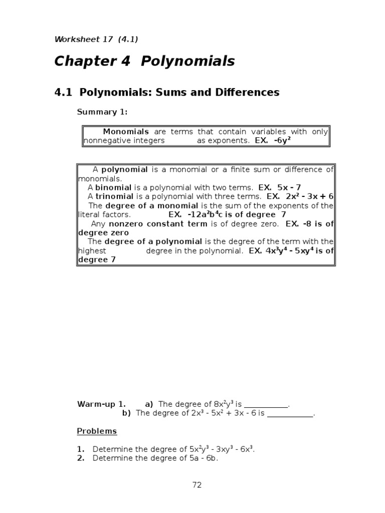 Chapter 4 Polynomials: 4.1 Polynomials: Sums and Differences | PDF ...
