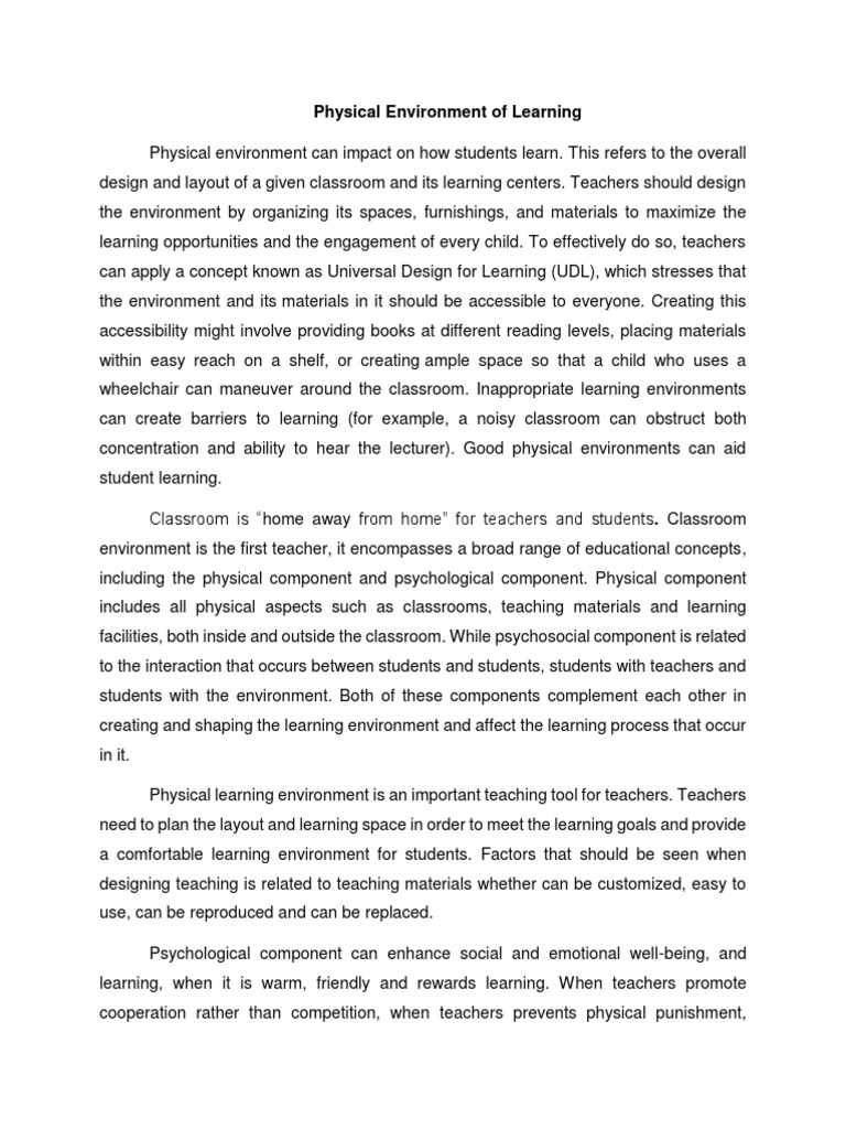 Physical Environment of Learning | PDF | Classroom | Teachers