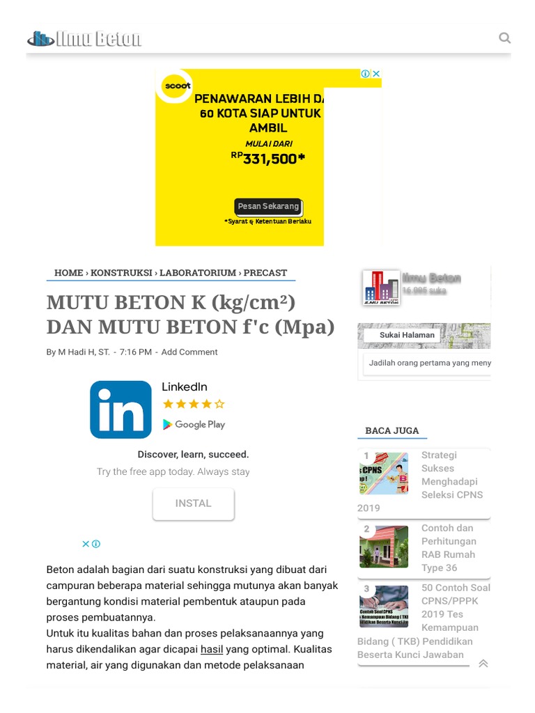 MUTU BETON K (KG - CM ) DAN MUTU BETON F'C (Mpa) - Ilmu Beton | PDF