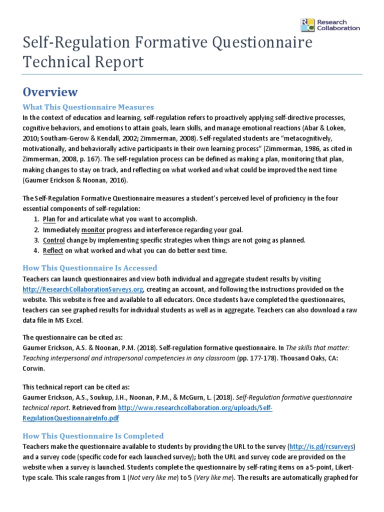 Self RegulationQuestionnaireInfo | PDF | Behavior Modification | Learning