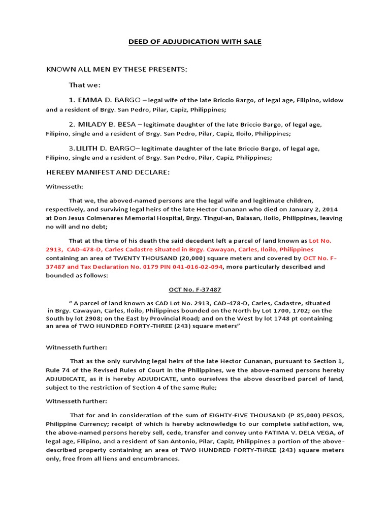 Known All Men by These Presents: That We: 1. Emma D. Bargo: Deed of ...