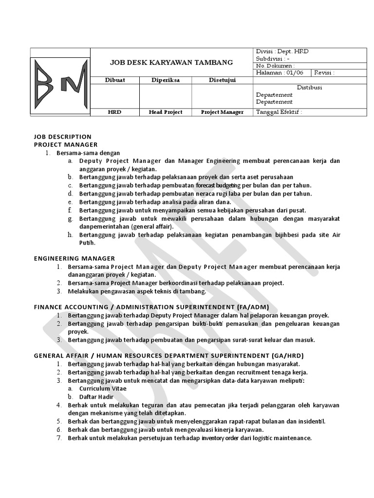 Job Desk Karyawan Tambang | PDF