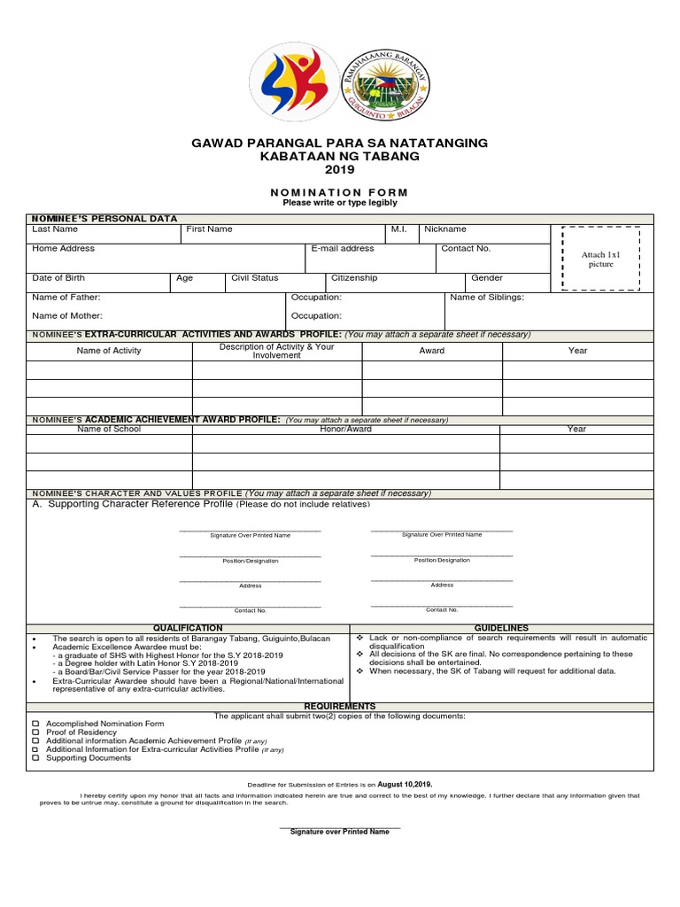 SK Gawad Paranggal 2019 Form | PDF | Government Information | Justice