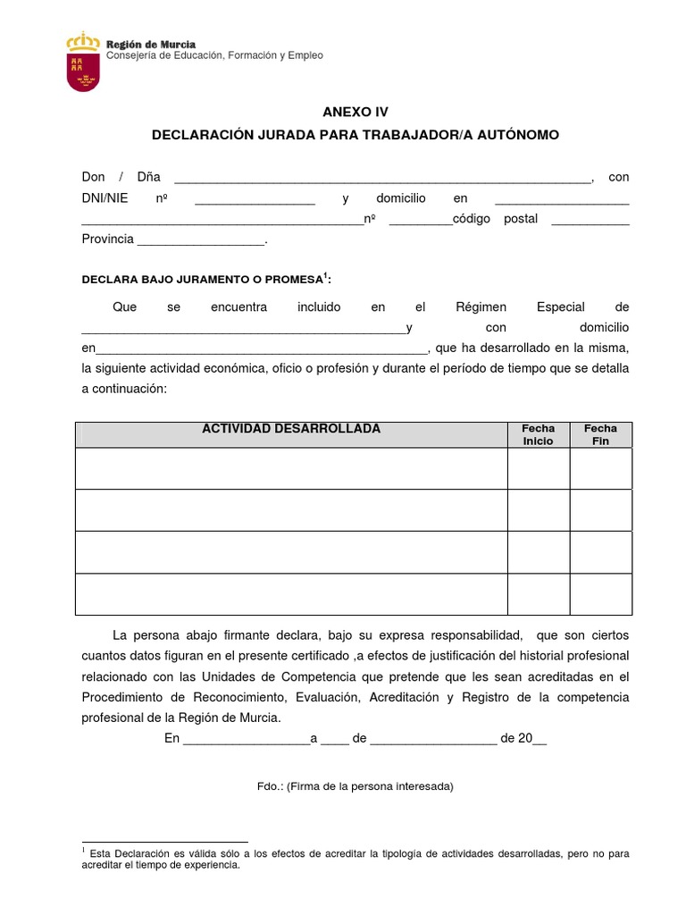 Anexo Iv Declaración Jurada Para Trabajador/A Autónomo: Región de Murcia