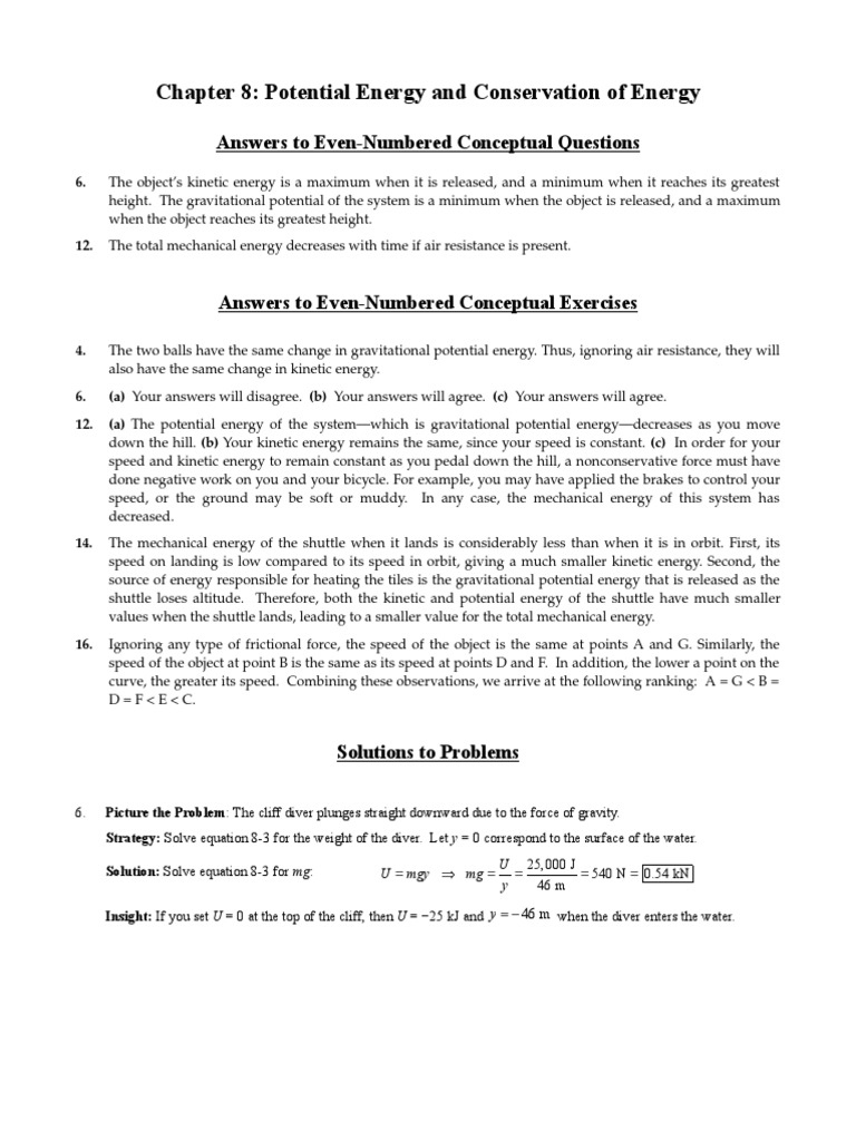 Chapter 8: Potential Energy and Conservation of Energy: Answers To Even ...