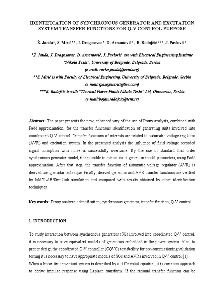 Identification of Synchronous Generator and Excitation System Transfer ...