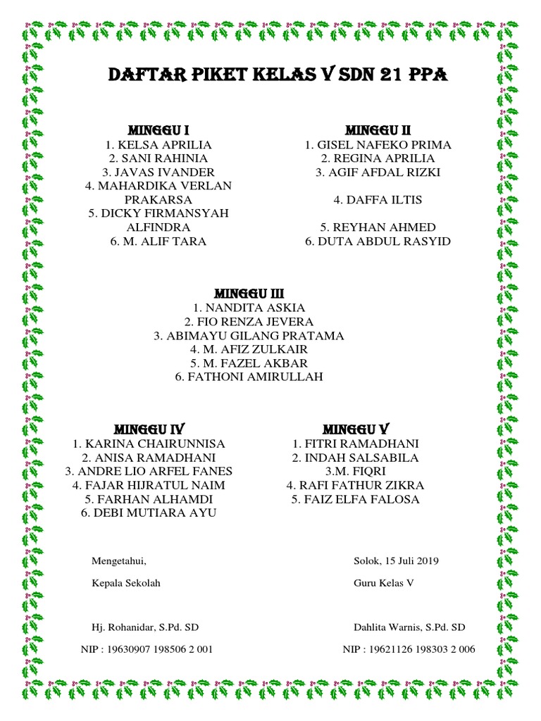Daftar Piket Kelas V SDN 21 Ppa | PDF