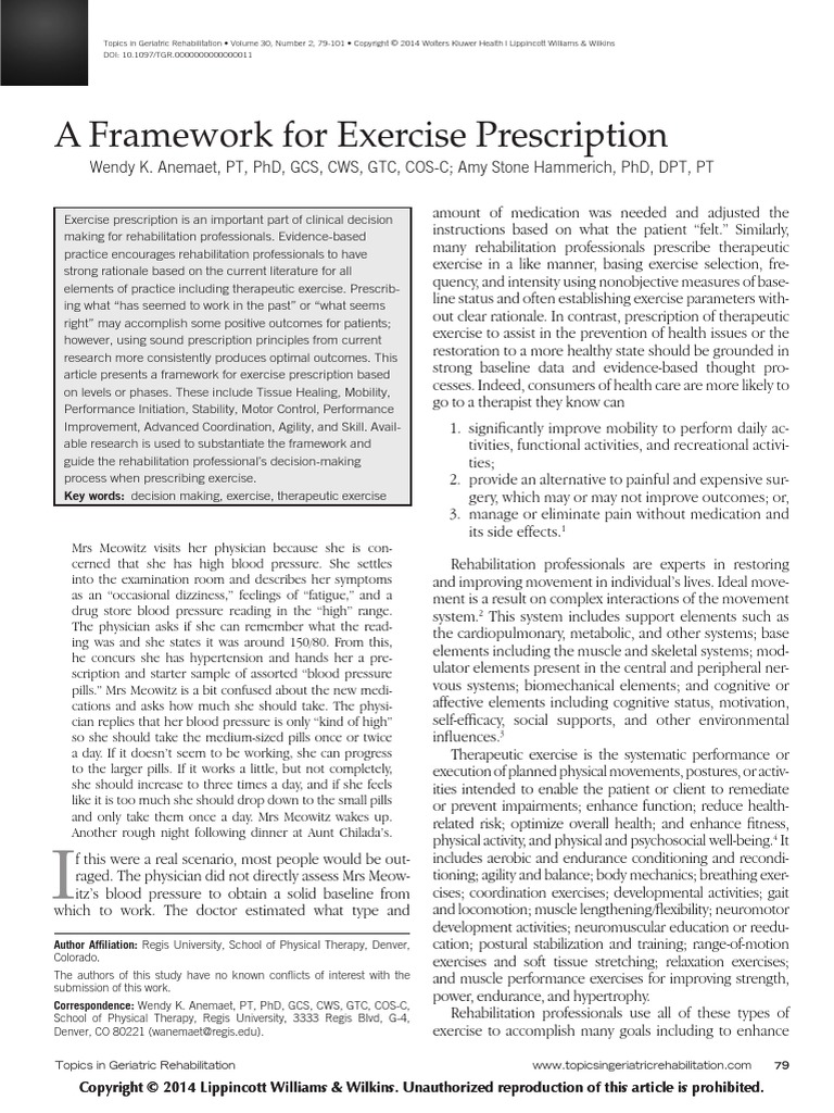 A Framework For Exercise Prescription: DOI: 10.1097/TGR ...