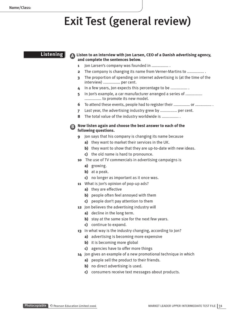 Upper-Intermediate Exit Test | PDF | Sanofi | Advertising