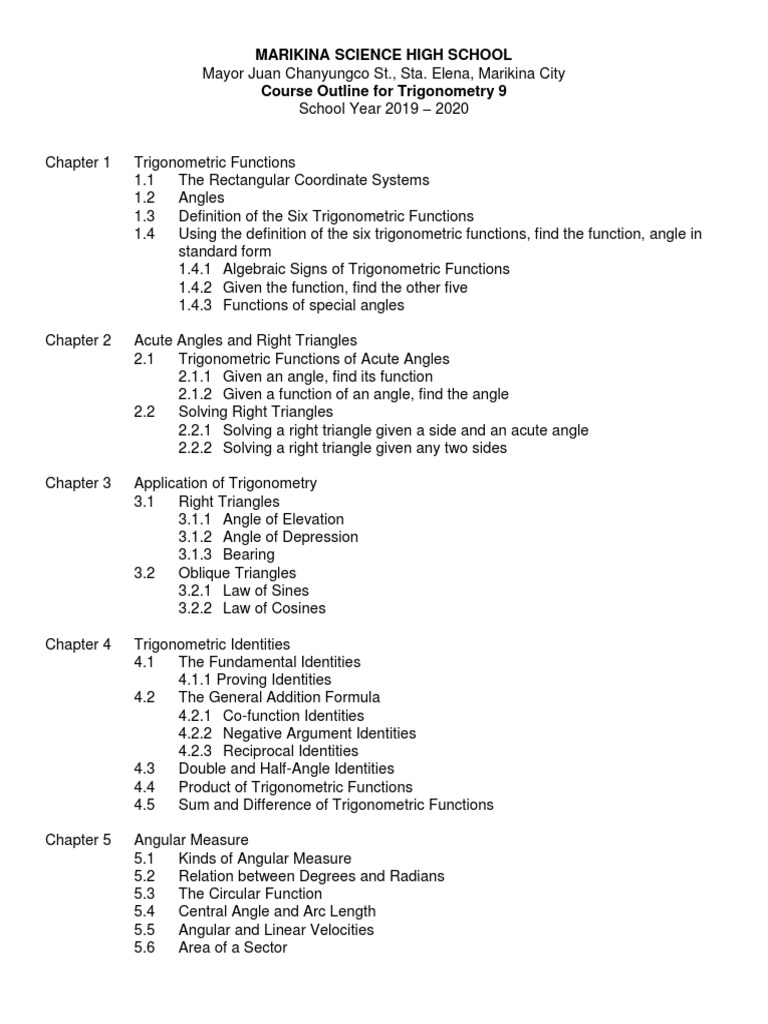 Course Outline For Trigonometry 9 | PDF | Trigonometric Functions ...