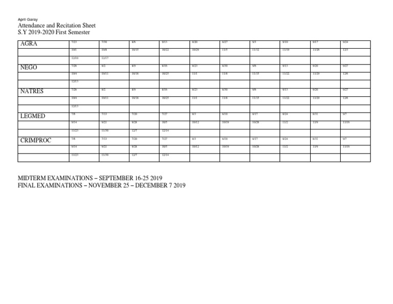 Attendance and Recitation Sheet S.Y 2019-2020 First Sem | PDF | Home ...