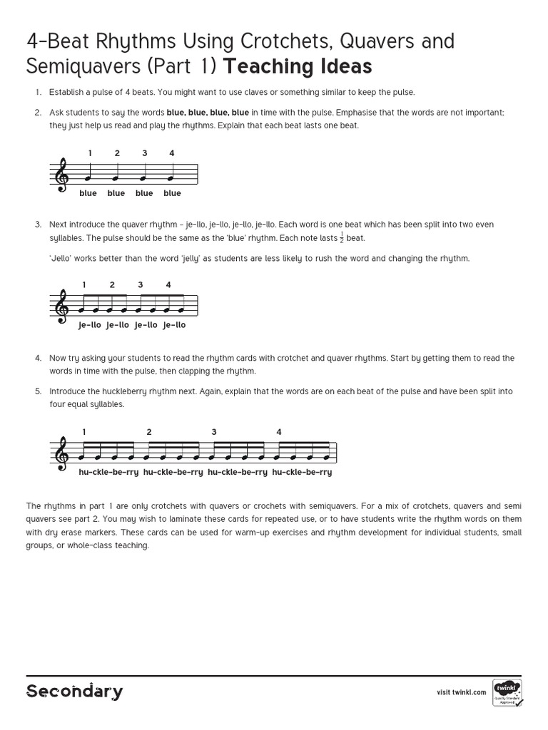 4-Beat Rhythms Using Crotchets, Quavers and Semiquavers (Part 1) | PDF | Rhythm | Performing Arts