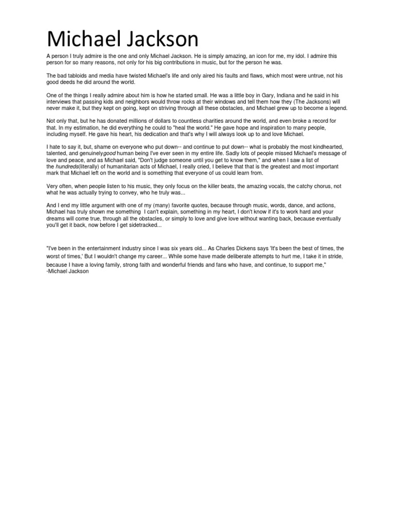 A Person I Truly Admire Is The One and Only Michael Jackson | PDF ...