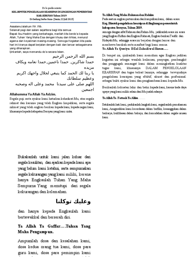 Doa Pembukaan Bimtek Kearsipan 2019 | PDF