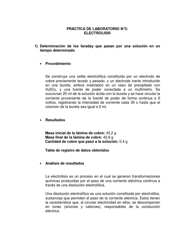 Práctica de Laboratorio N°3 - Electrólisis | PDF | Electrodo | Valoración