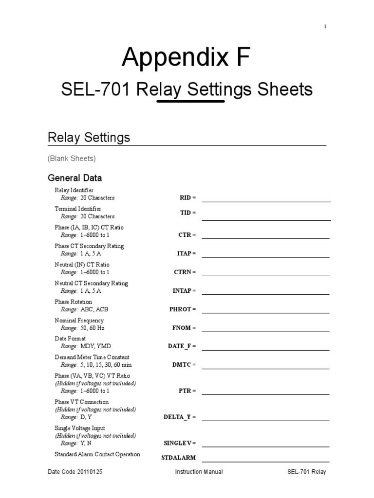 Appendix F: SEL-701 Relay Settings Sheets | PDF | Electromagnetism ...