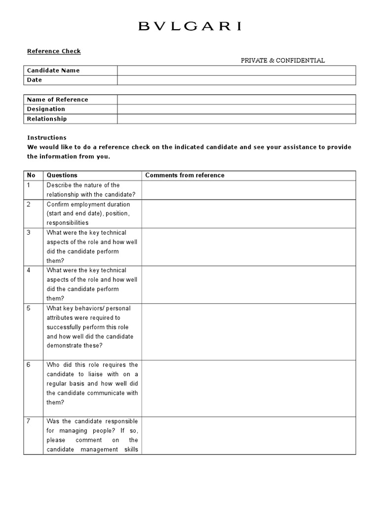 BVLGARI Recruitment Reference Check Form-Mgr | PDF | Behavior Modification | Applied Psychology